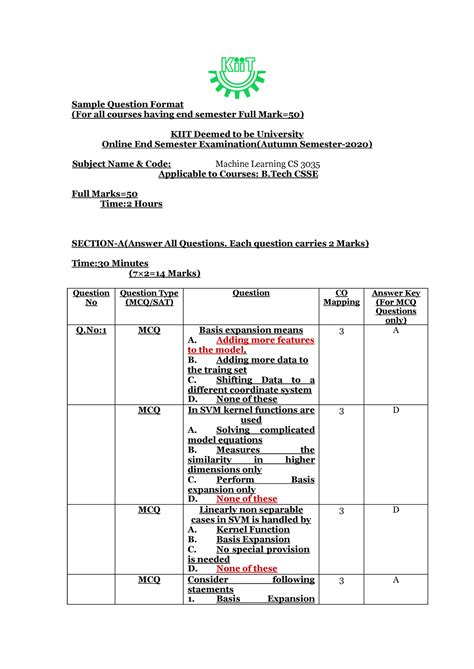 ML Question Bank MCQ Sample Question Format For All Courses Having End Semester Full Mark 50