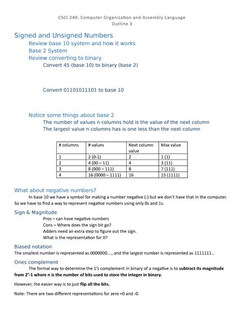 Cs 240 Outline 03 Signed And Unsigned Int Csci 240 Computer