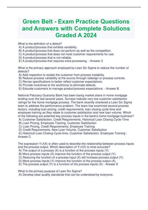 Green Belt Exam Practice Questions And Answers With Complete