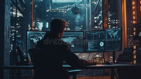 Cybersecurity Expert Monitoring Data On Multiple Screens Stock Image