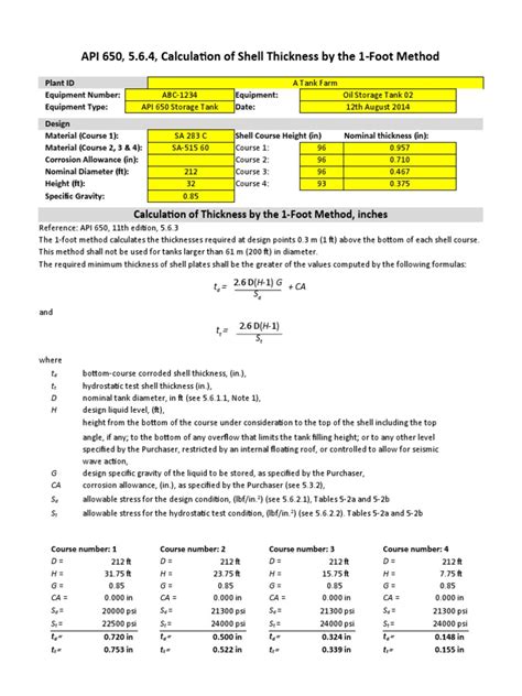Api 650 5 6 4 Calculation Of Shell Thickness By The 1 Foot Method Pdf