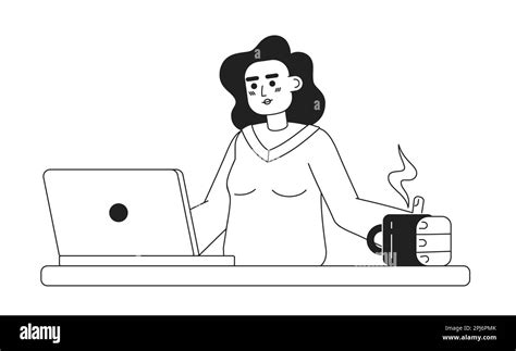 Freelance Programmer With Laptop And Cup Monochromatic Flat Vector