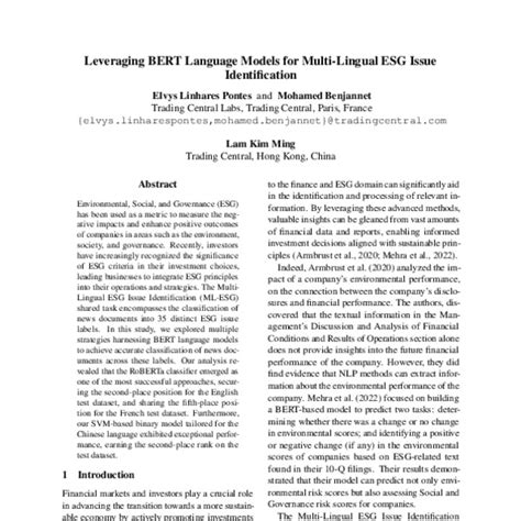 Leveraging Bert Language Models For Multi Lingual Esg Issue Identification Acl Anthology