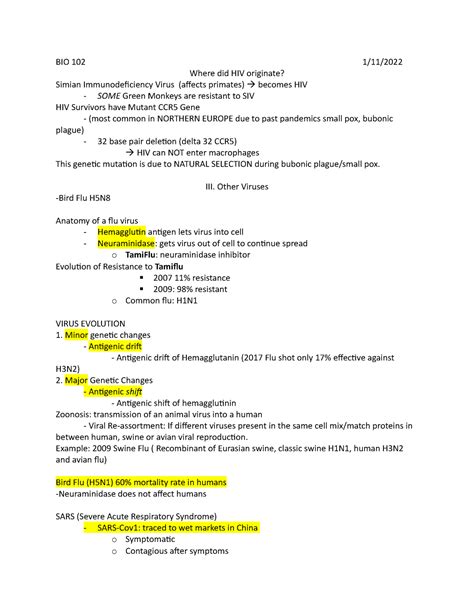 Bio 102 11122 Lecture Notes Bio 102 111 Where Did Hiv Originate