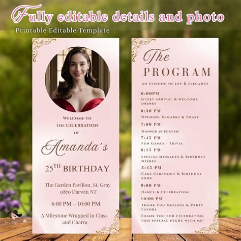 Editable Program Template Pink Event Programme Card Birthday Program With Photo Quince Program