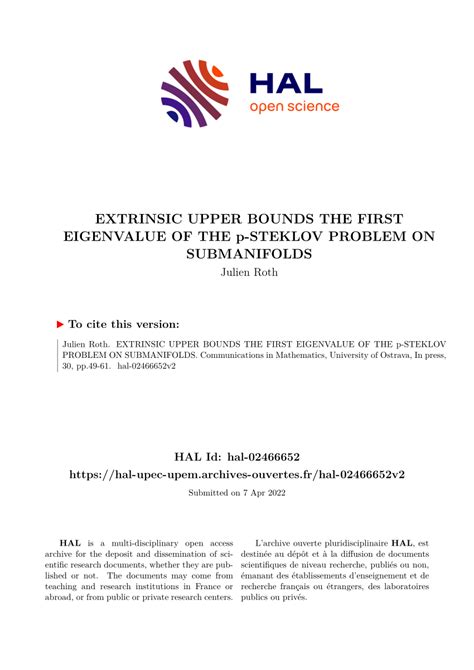Pdf Extrinsic Upper Bounds The First Eigenvalue Of The P Steklov Problem On Submanifolds