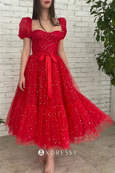 Red Starry Tulle Short Sleeve Sweetheart Midi Prom Gown Xdressy