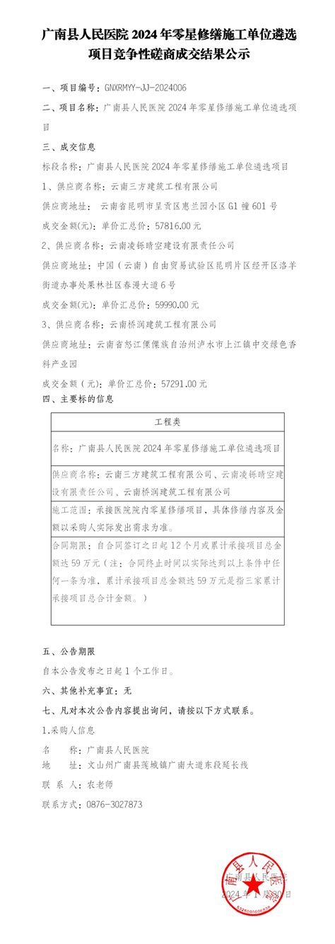 广南县人民医院2024年零星修缮施工单位遴选项目竞争性磋商成交结果公示 广南县人民医院