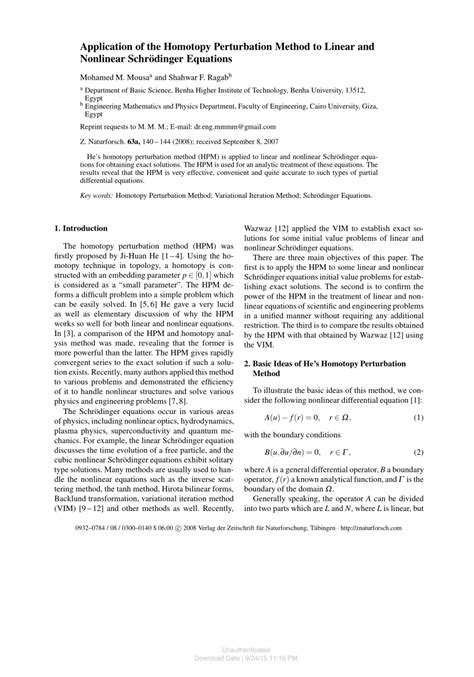 Pdf Application Of The Homotopy Perturbation Method To Linear And Nonlinear Schrödinger Equations