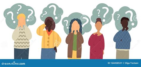 Thoughtful People Characters With Hands On Chin And Question Mark Thinking Over The Matter