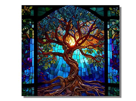 Tree Of Life Stained Glass Style Tempered Glass Wall Art Art Deco