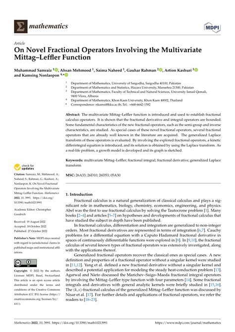Pdf On Novel Fractional Operators Involving The Multivariate Mittag Leffler Function