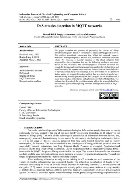 Dos Attacks Detection In Mqtt Networks Pdf Internet Computing