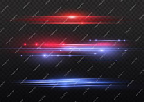 글로우 플레어 스파크 빨간색 파란색 조명 효과 속도 경찰 라인 레이저 빔 수평 모션 광선 벡터 프리미엄 벡터