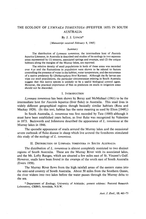 The Ecology Of Lymnaea Tomentosa Pfeiffer 1855 In South Australia