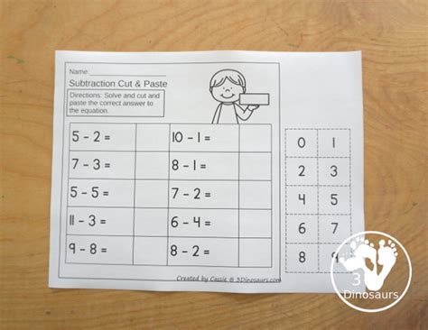 Free Subtraction Cut And Paste Worksheet 3 Dinosaurs
