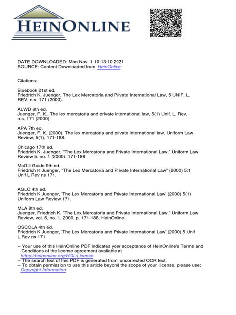 Juenger F The Lex Mercatoria And Private International Law Pdf International Law Erie