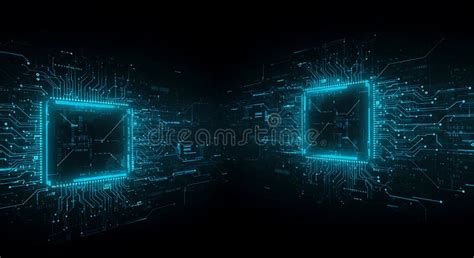 Dark Digital Environment Featuring Two Illuminated Microchips Connected