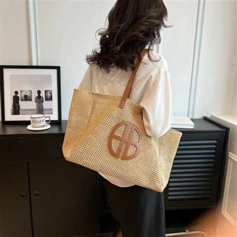 여성용 해변 여행 패션 빨대 뜨개질 토트백 대용량 디자이너 스퀘어 핸드백 캐주얼 휴대용 숄더백 여름 티몬