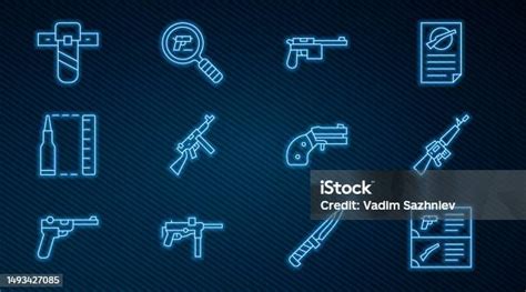 세트 라인 무기 카탈로그 M16a1 소총 Mauser 총 토미 총알 칼 권총집 소형 리볼버 및 권총 또는 검색 아이콘 벡터 M16 소총에 대한 스톡 벡터 아트 및 기타