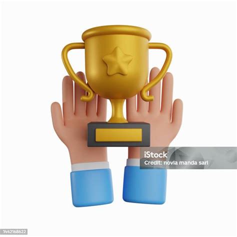 트로피 컵을 들고 있는 3d 손 손에 3d 트로피 컵 아이콘입니다 3d는 골든 컵으로 우승자를 축하하고 수상자에게는 손을 잡고 별이 있습니다 3d 렌더링 3차원 형태에 대한