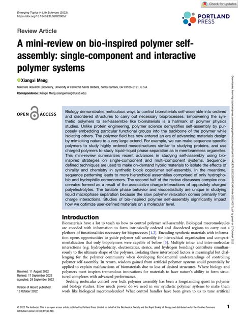 Pdf A Mini Review On Bio Inspired Polymer Self Assembly Single