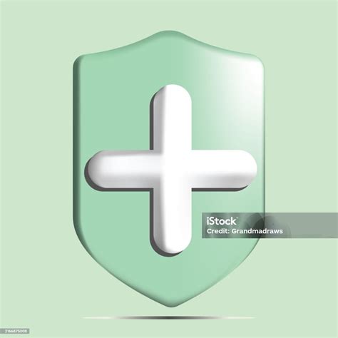 흰색 더하기 표시가 있는 녹색 보호 방패 십자가가 있는 안전 가드 방패 3 차원 노란색 배경에 고립 된 3d 벡터 그림 의료 건강 관리 개념 3차원 형태에 대한 스톡 벡터