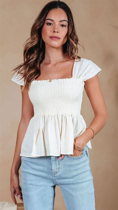 Cream Smocked Peplum Top L Spring Season Short Sleeve Smocked Top