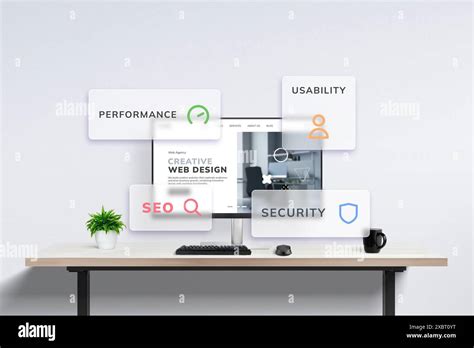 Modern Office Desk With Computer Displaying Web Design Agency Concept Floating Windows