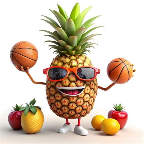 A Lively 3d Pineapple Engages In A Fun Basketball Game With Tropical Friends Stock Illustration