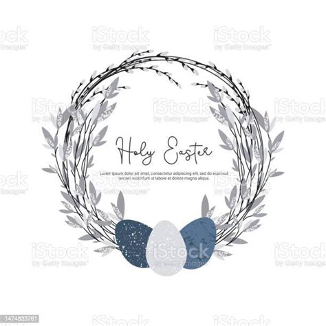 거룩한 부활절 엽서 부활절 달걀과 나뭇잎과 버드 나무의 화환 게시물 엽서 배너에 대 한 벡터 사각형 템플릿입니다 부활제에 대한 스톡 벡터 아트 및 기타 이미지 Istock