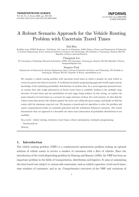 Pdf A Robust Scenario Approach For The Vehicle Routing Problem With Uncertain Travel Times