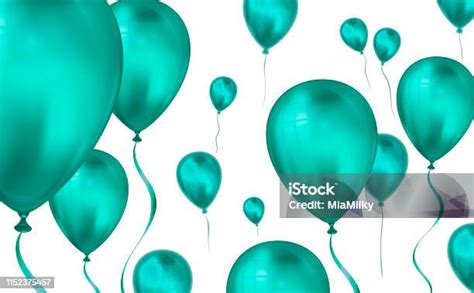 흐림 효과와 함께 광택 청록색 비행 헬륨 풍선 배경 결혼식 생일 및 기념일 배경입니다 초대 카드 파티 브로셔 배너에 대 한 벡터 일러스트 레이 션 기념일에 대한 스톡 벡터