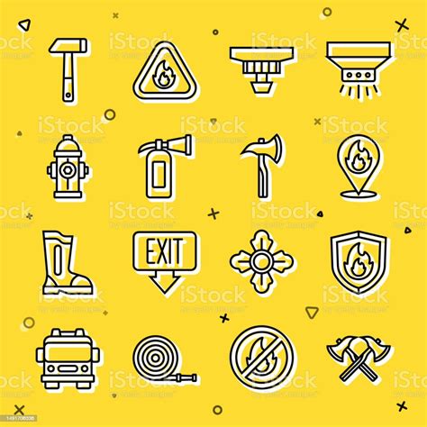 세트 라인 소방관 도끼 보호 방패 화재 화염이 있는 위치 화재 경보 시스템 소화기 소화전 망치 및 아이콘 벡터 건설 산업에 대한