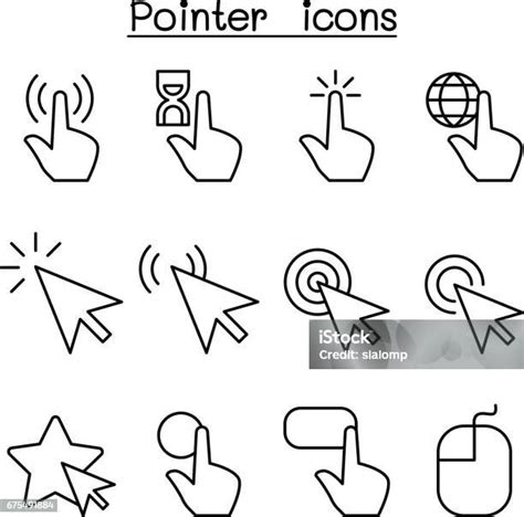 Cursor Pointer Click Arrow Finger Icon Set In Thin Line Style Stock