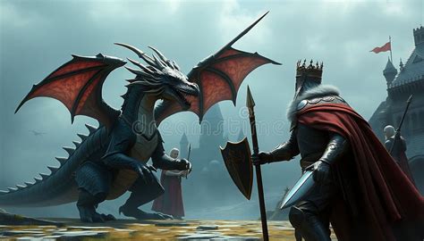 Dragon And Knight Fantasy Fight Medieval Scene Legend Art Stock