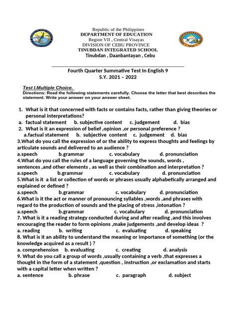 English 10 4th Quarter 2023 2024 Pdf Speech Word