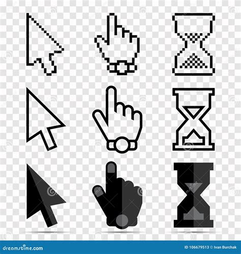 Mouse Cursor Icon Set Pixel And Smooth Arrows Hands And Hourglasses Clocks Stock Vector