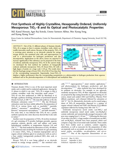 Pdf First Synthesis Of Highly Crystalline Hexagonally Ordered Uniformly Mesoporous Tio2 B