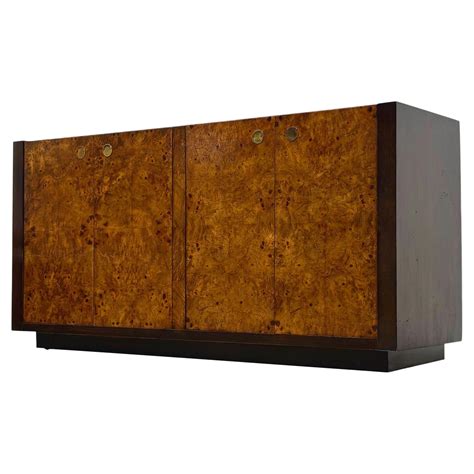 Vintage Burl Wood Credenza After Milo Baughman Mahognay Brass