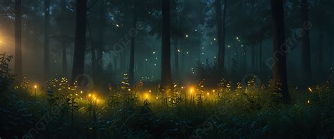 안개가 자욱한 숲 사이의 반딧불이의 부드러운 빛 안개가 자욱한 숲 사이의 빈터 반딧불이의 빛 안개 낀 숲 속의 반딧불이