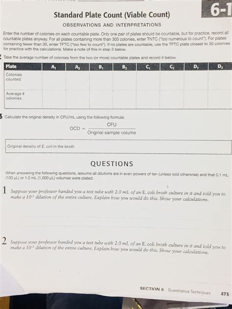 Solved 6 1 Standard Plate Count Viable Count Observations