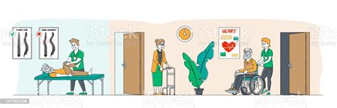 요양원에서 노인 장애인을 돕습니다 휠체어에 노인 캐릭터의 사회 복지 커뮤니티 케어 숙련 된 간호사 주거 건강 관리 물리 치료 서비스 선형 벡터 일러스트레이션 벡터에 대한