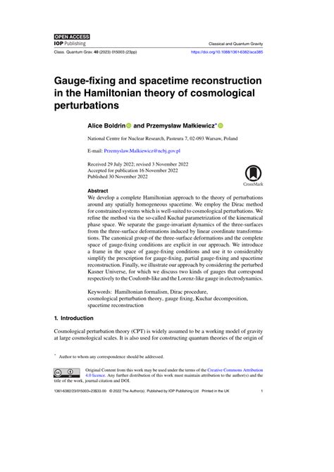 Pdf Gauge ﬁxing And Spacetime Reconstruction In The Hamiltonian Theory Of Cosmological
