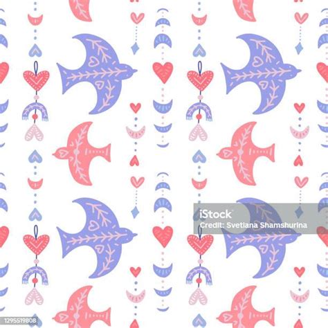 보헤미안 새와 기하학적 깃털과 달이 있는 매끄러운 패턴 발닌의 날에 대한 플랫 벡터 일러스트 배경 0명에 대한 스톡 벡터 아트