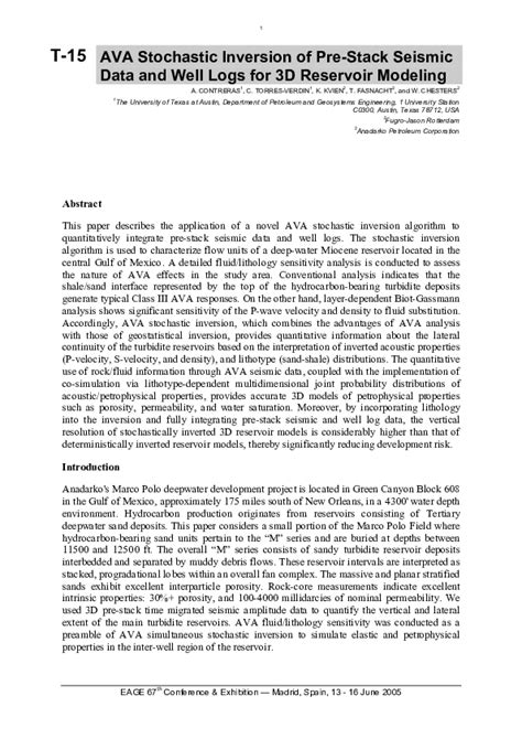 Pdf Ava Stochastic Inversion Of Pre Stack Seismic Data And Well Logs For 3d Reservoir Modeling