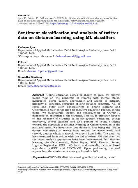 Pdf Sentiment Classification And Analysis Of Twitter Data On Distance Learning Using Ml