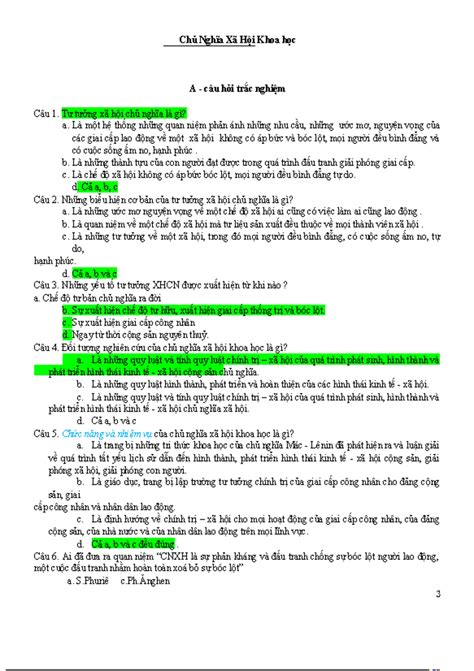 Cau Hoi Trac Nghiem Cnxhkh Chủ Nghĩa Xã Hội Khoa Học A Câu Hỏi Trắc