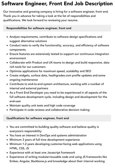 Software Engineer Front End Job Description Velvet Jobs