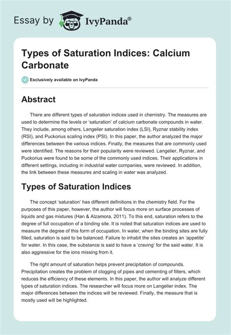 Types Of Saturation Indices Calcium Carbonate 1698 Words Report Example